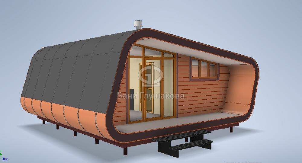 Баня «Танк Пизанский» 6х7 с террасой v5 с печью и отделкой под ключ ...